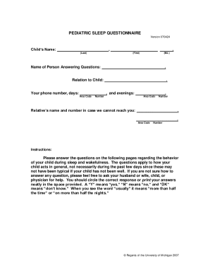 Fillable Online Pediatric Sleep Questionnaire Form Fax Email Print ...