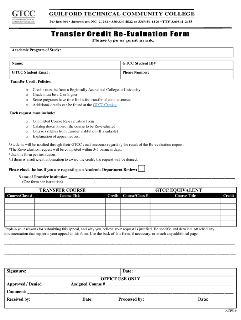 Fillable Online GTCC Transfer Credit Re-Evaluation Form Fax Email Print ...