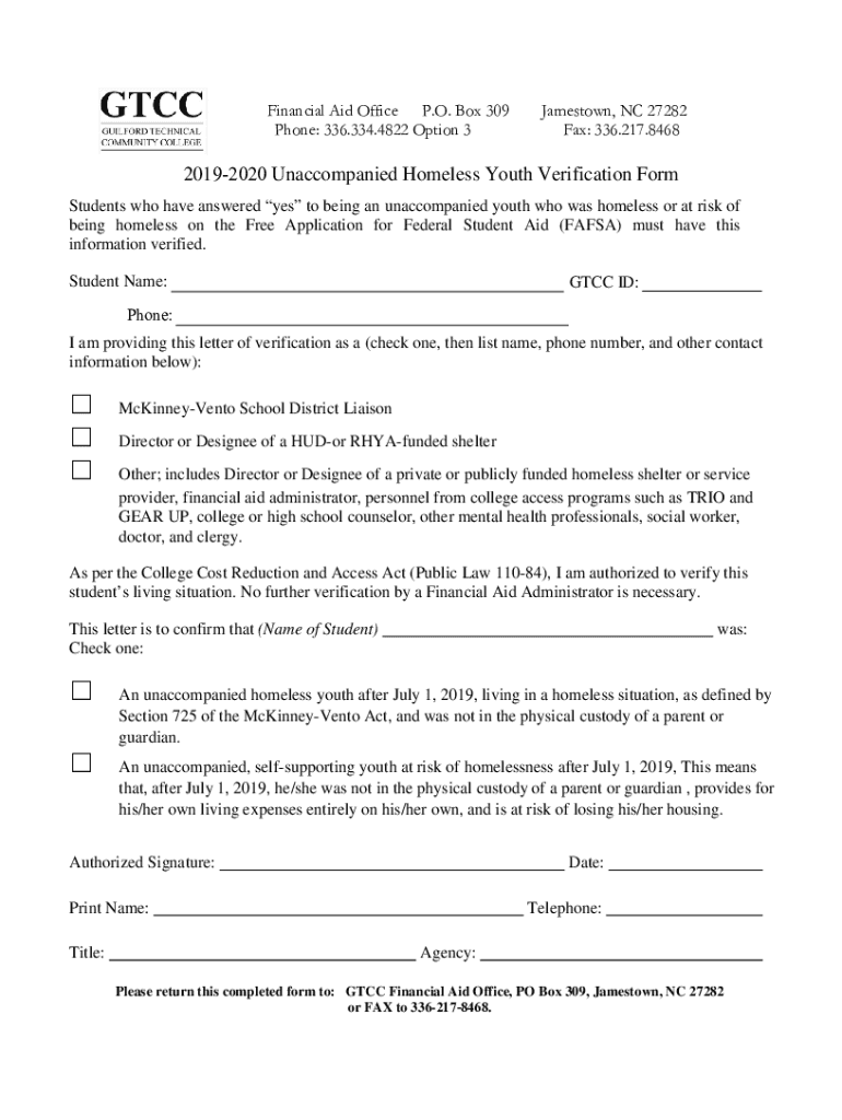 Fillable Online GTCC Unaccompanied Homeless Youth Verification Form Fax ...