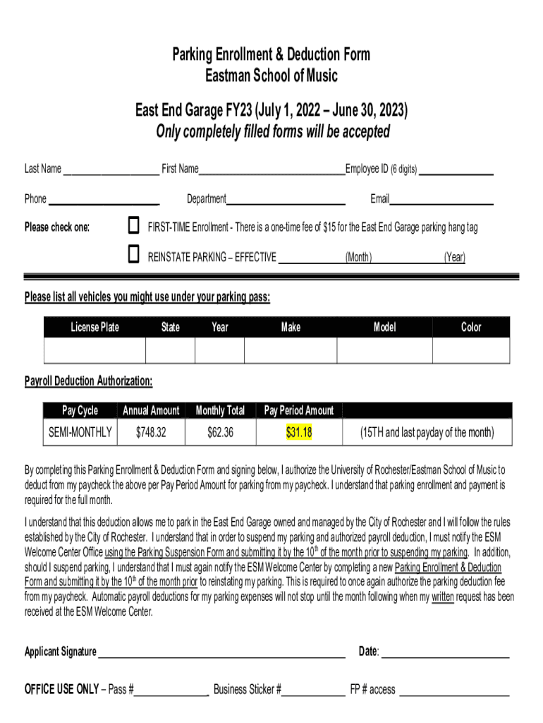 Fillable Online Parking Enrollment & Deduction Form Eastman School of ... Fax Email Print ...