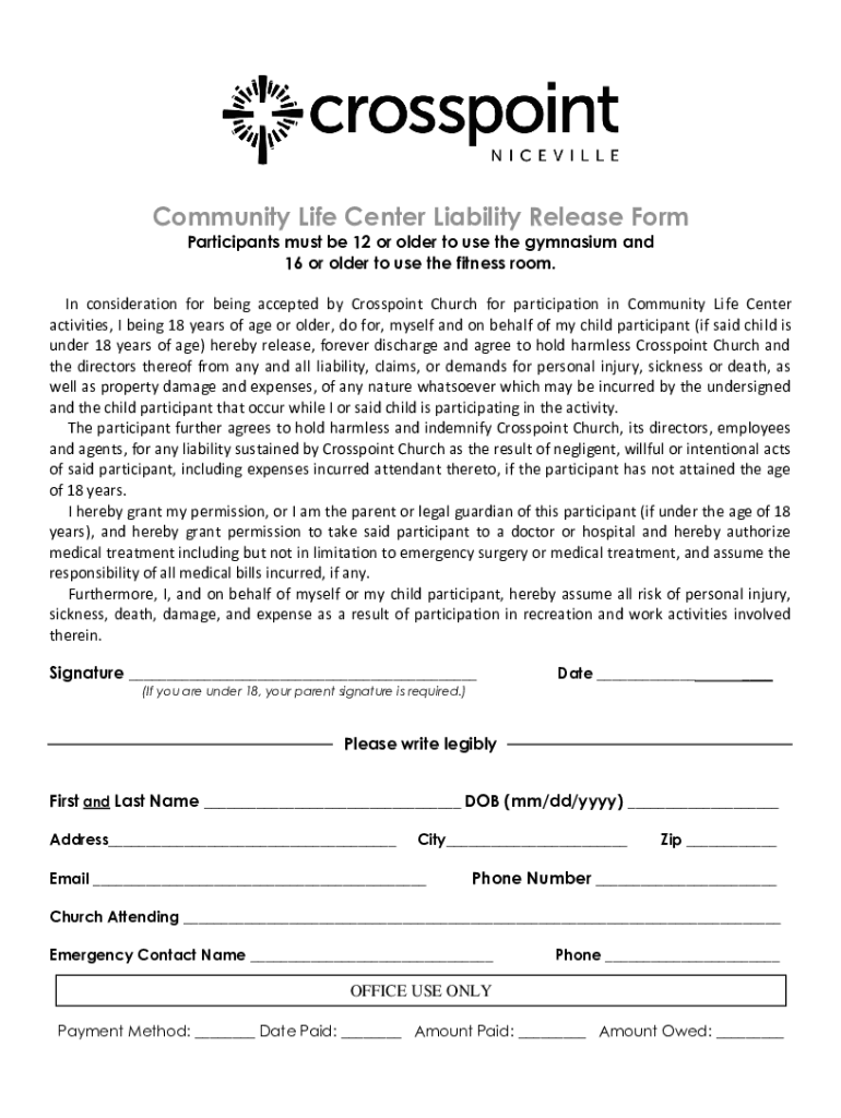 Fillable Online Fitness Center Agreement & Liability Release Fax Email ...
