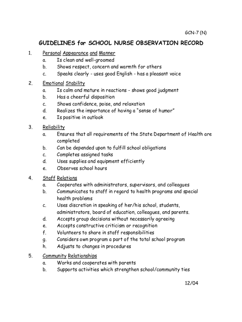 Fillable Online GUIDELINES for SCHOOL NURSE OBSERVATION ... Fax Email ...