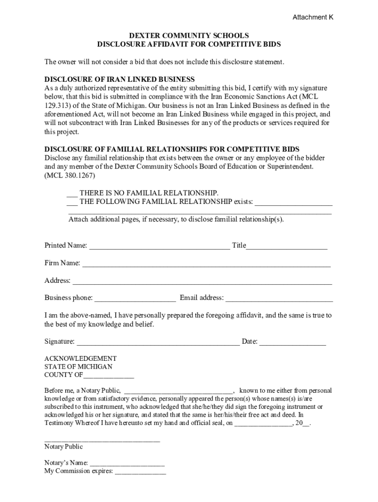 Fillable Online DEXTER COMMUNITY SCHOOLS DISCLOSURE AFFIDAVIT ... Fax ...