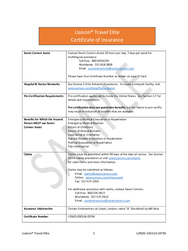 Fillable Online Liaison Student Elite Certificate of Insurance Fax ...