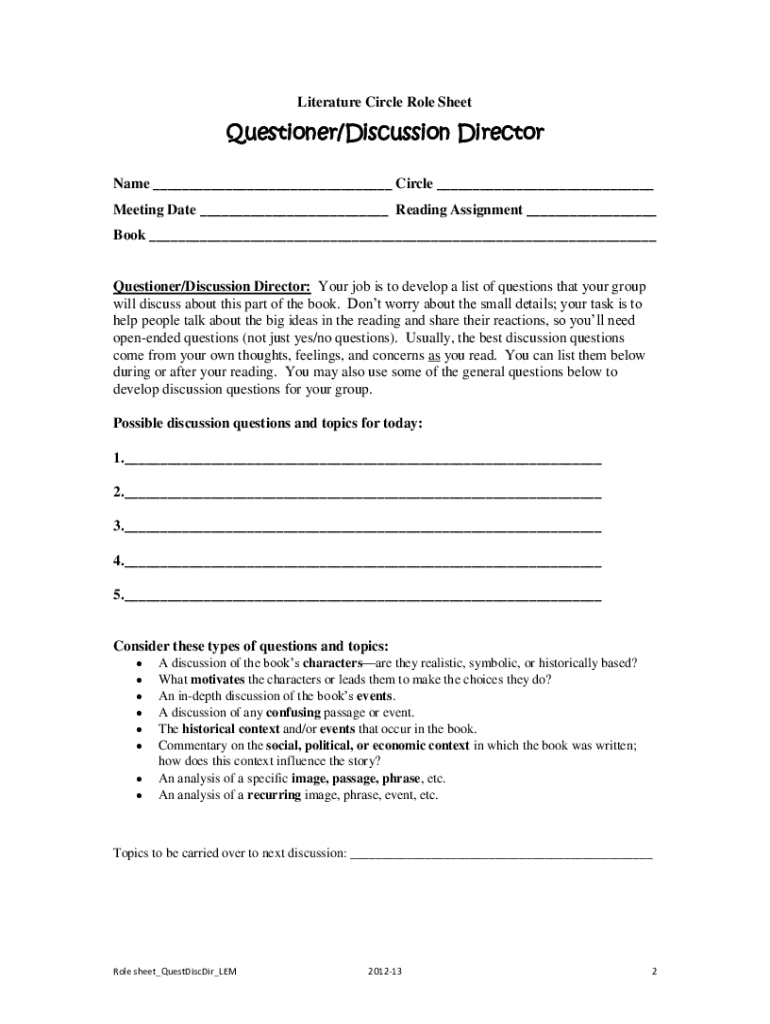Fillable Online Literature Circles Role Sheet Discussion Director Fax ...