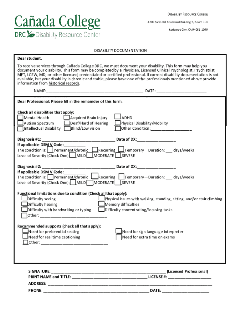 Fillable Online DRC FormsDisability Resource CenterCaada College Fax Email Print - pdfFiller