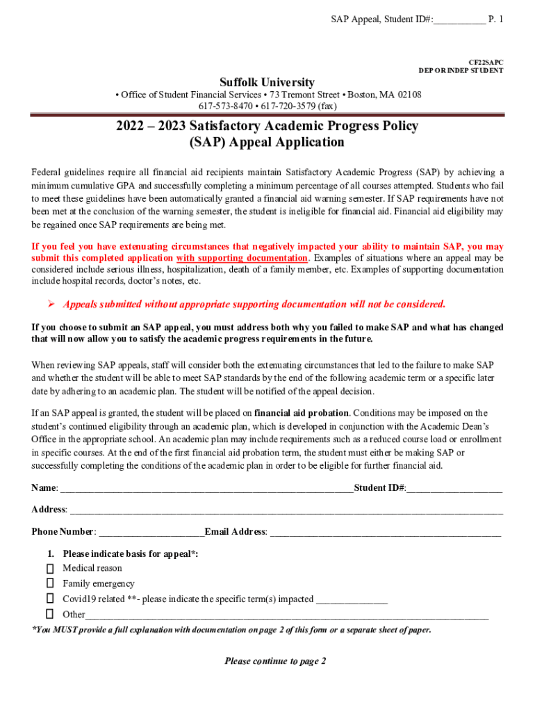 Fillable Online 20222023 Satisfactory Academic Progress Policy (SAP) Appeal Application Fax ...