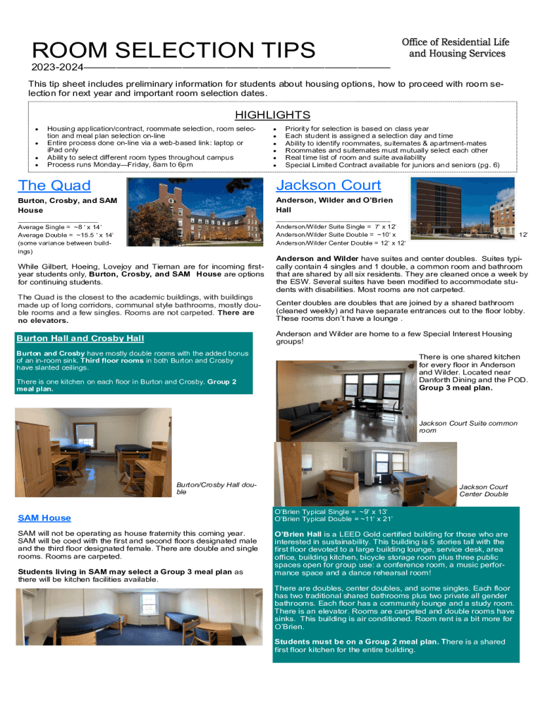 Fillable Online ROOM SELECTION TIPS Fax Email Print - pdfFiller