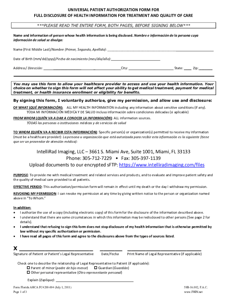 Completable En línea universal patient authorization form for full disclosure of ... Fax Email ...
