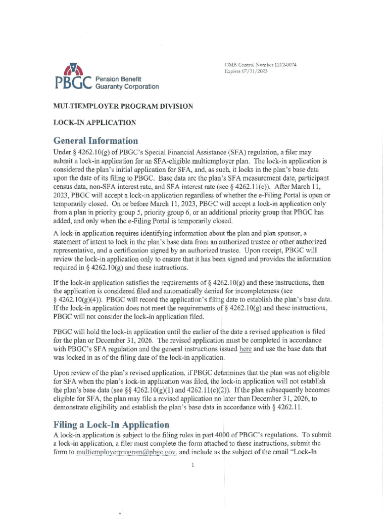 Fillable Online PBGC Special Financial Assistance Lock-In Application ...