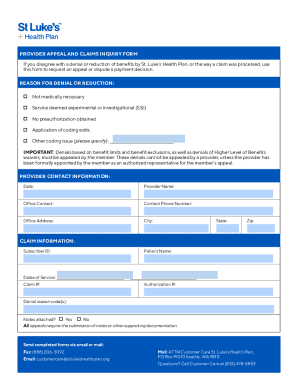 Fillable Online PROVIDER APPEAL AND CLAIMS INQUIRY FORM If you disagree ...