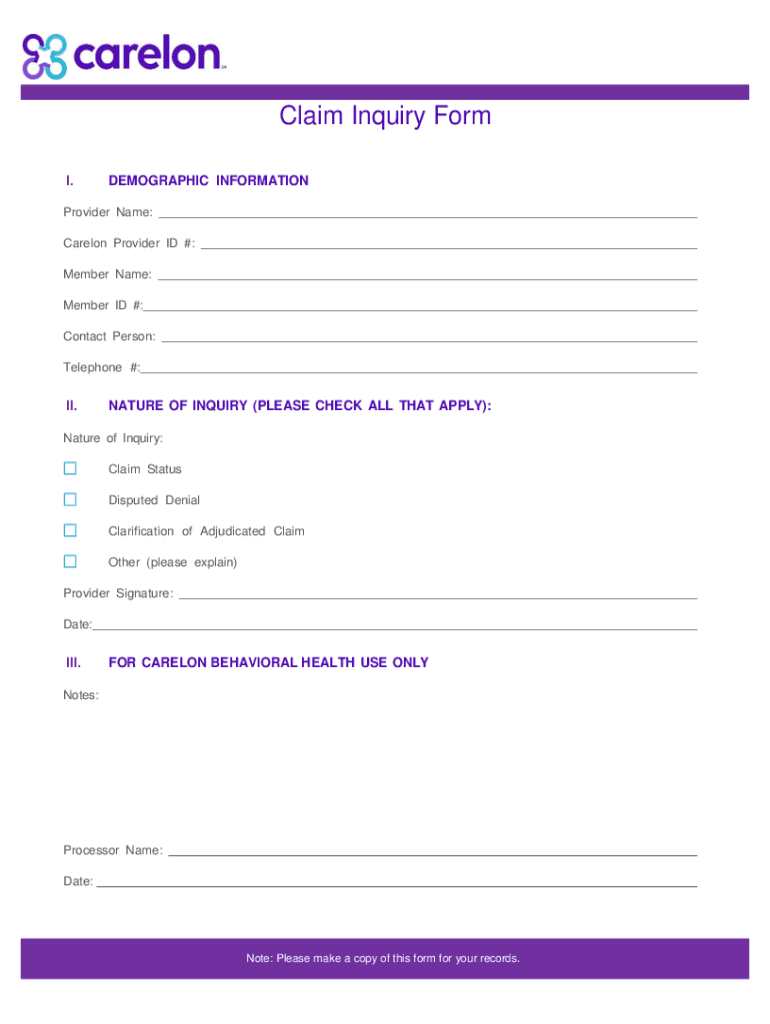 Fillable Online Claim Inquiry Form Carelon Behavioral Health Fax Email Print - pdfFiller