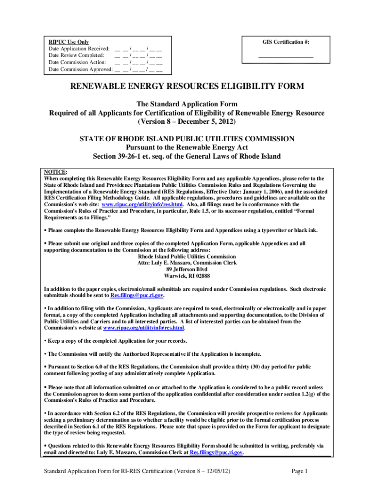 Fillable Online ripuc ri renewable energy resources eligibility form Fax Email Print - pdfFiller