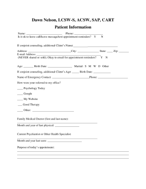 Fillable Online Dawn Nelson, LCSW-S, ACSW, SAP, CART Patient ... Fax ...
