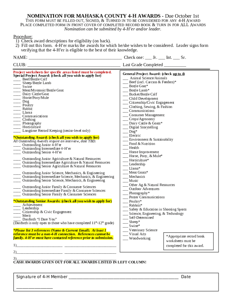 4-H Awards Nomination Doc Template | pdfFiller