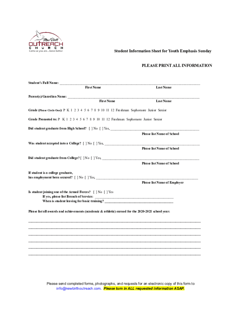 Fillable Online Student Information Sheet for Youth Emphasis Sunday Fax Email Print - pdfFiller