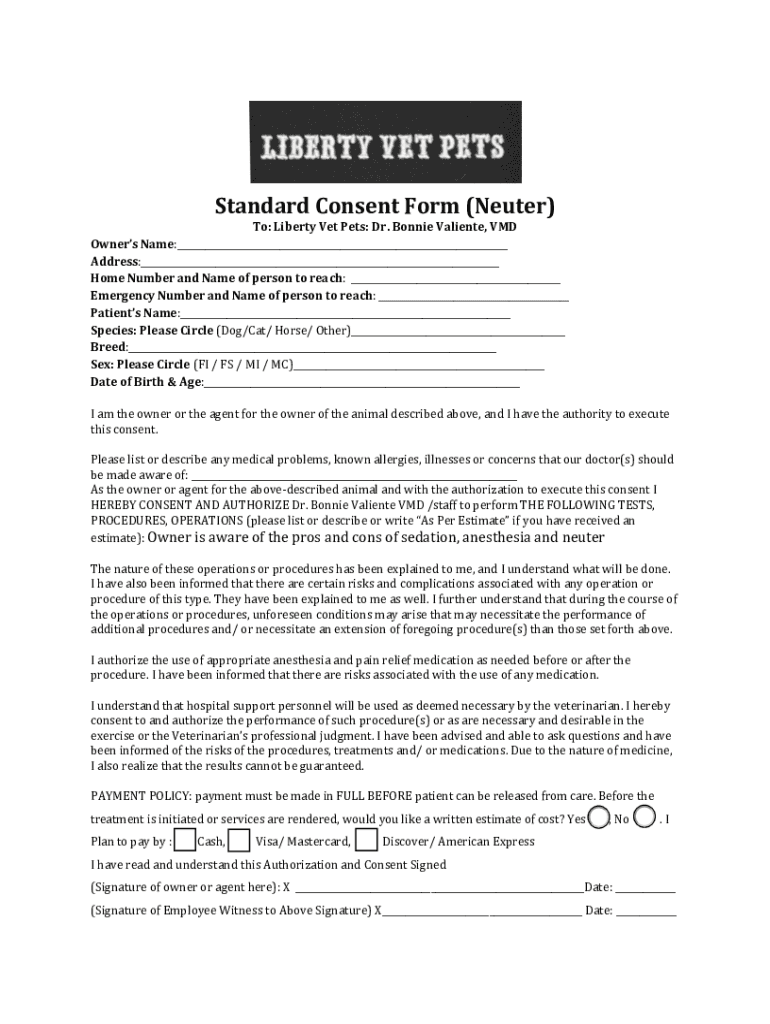 Fillable Online Standard Consent Form (Neuter) Fax Email Print - pdfFiller