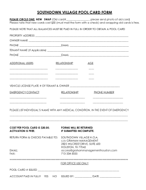 Fillable Online southdown village pool card form Fax Email Print ...
