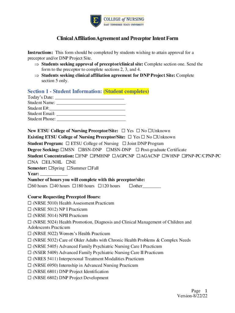 Fillable Online Clinical Affiliation Agreement and Preceptor Intent ...
