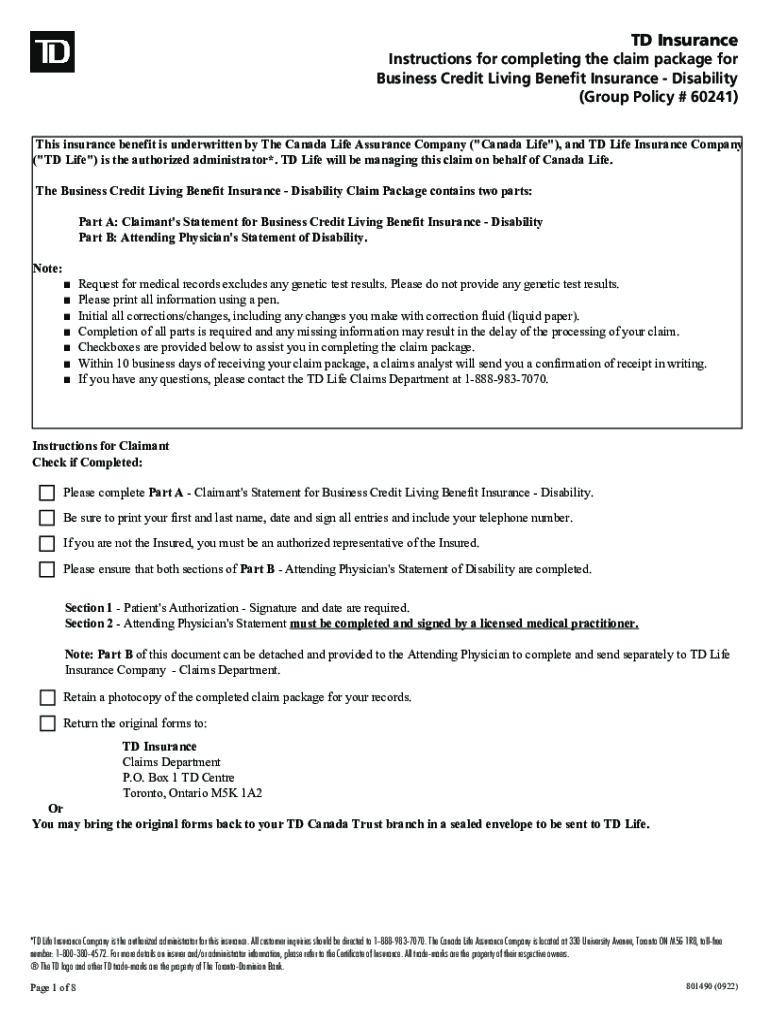 Fillable Online TD Insurance Instructions for completing the claim ...