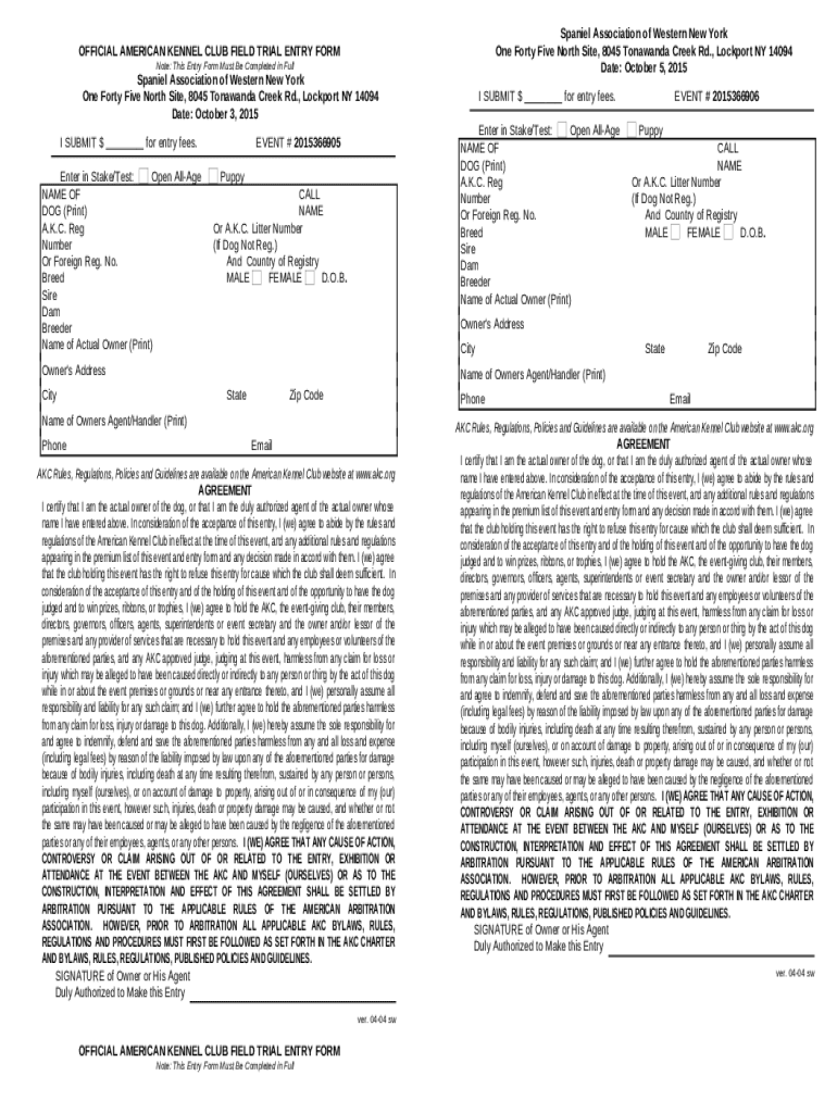 AKC Cocker FT Entry Doc Template | pdfFiller