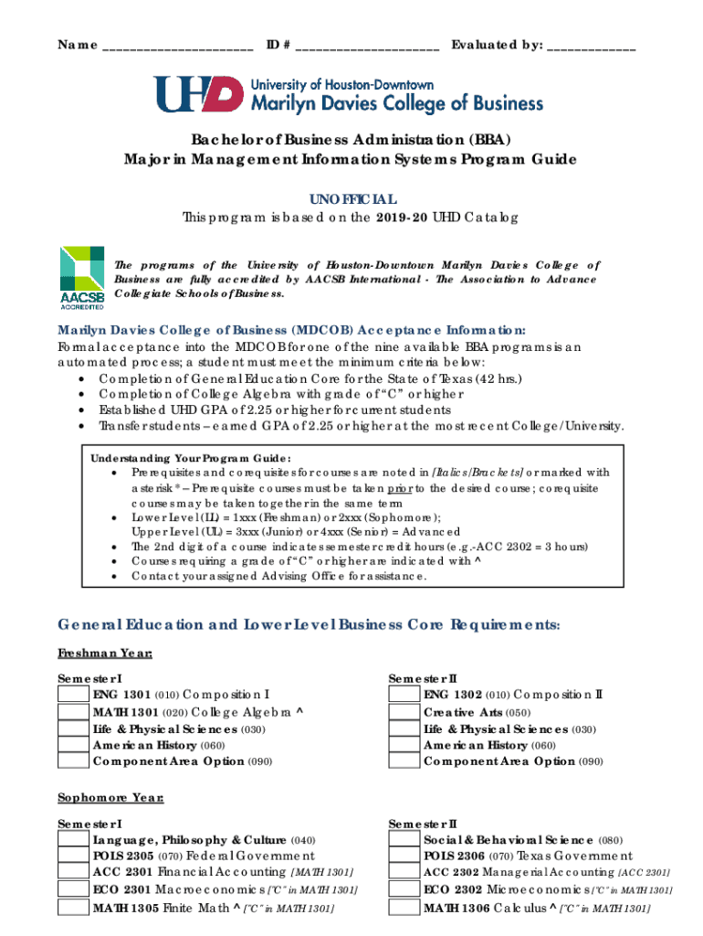 Fillable Online Major in Management Information Systems Program Guide ...