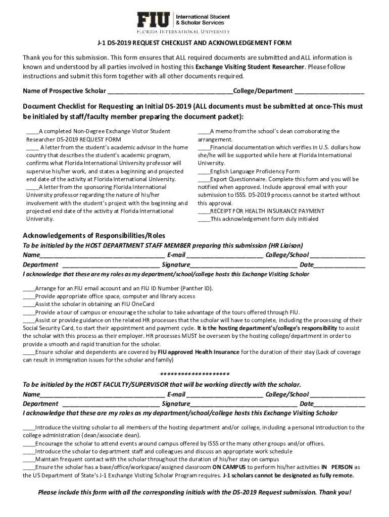 Fillable Online isss fiu j-1 ds-2019 request checklist and ...