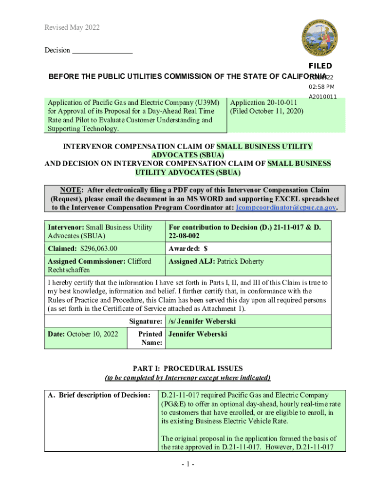 Fillable Online docs cpuc ca Intervenor Compensation Claim A.20-10-011 ...