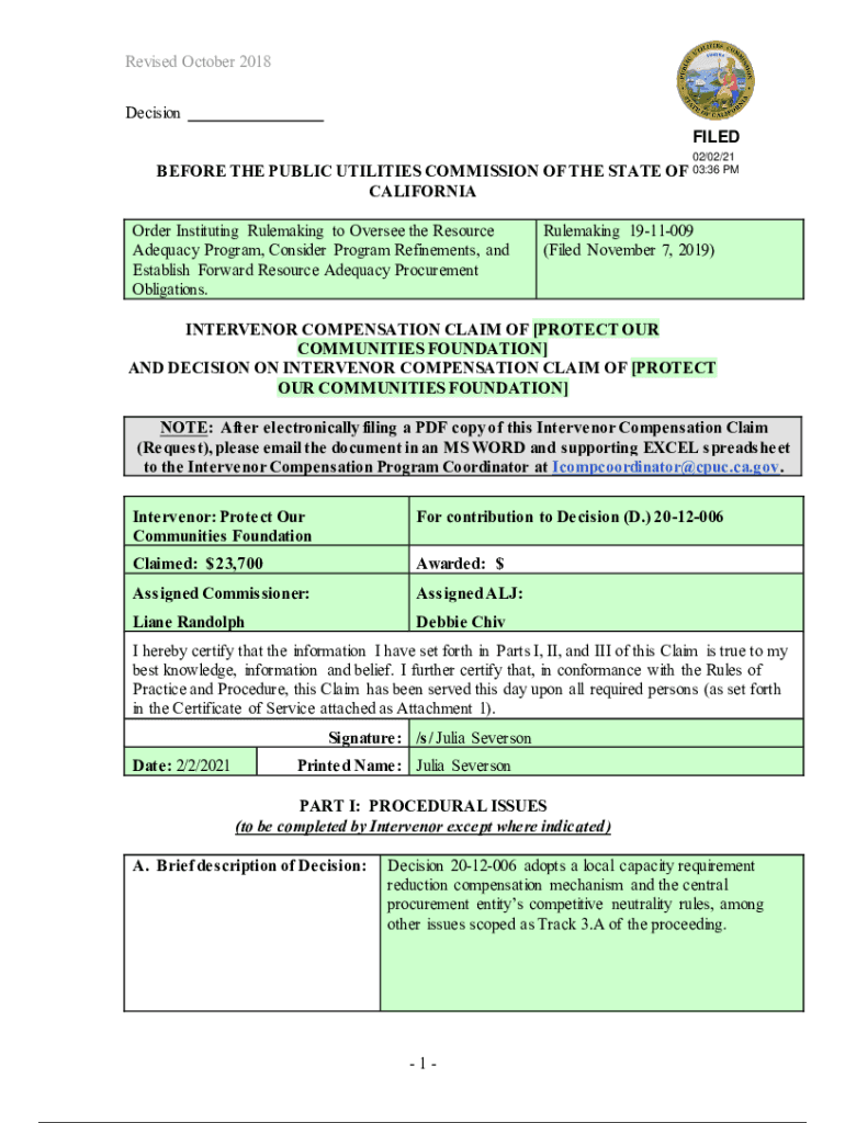 Fillable Online docs cpuc ca BEFORE THE PUBLIC UTILITIES COMMISSION OF ...