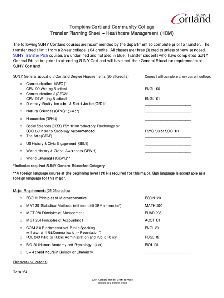 Fillable Online Www2 Cortland Transfer Planning Sheet Healthcare
