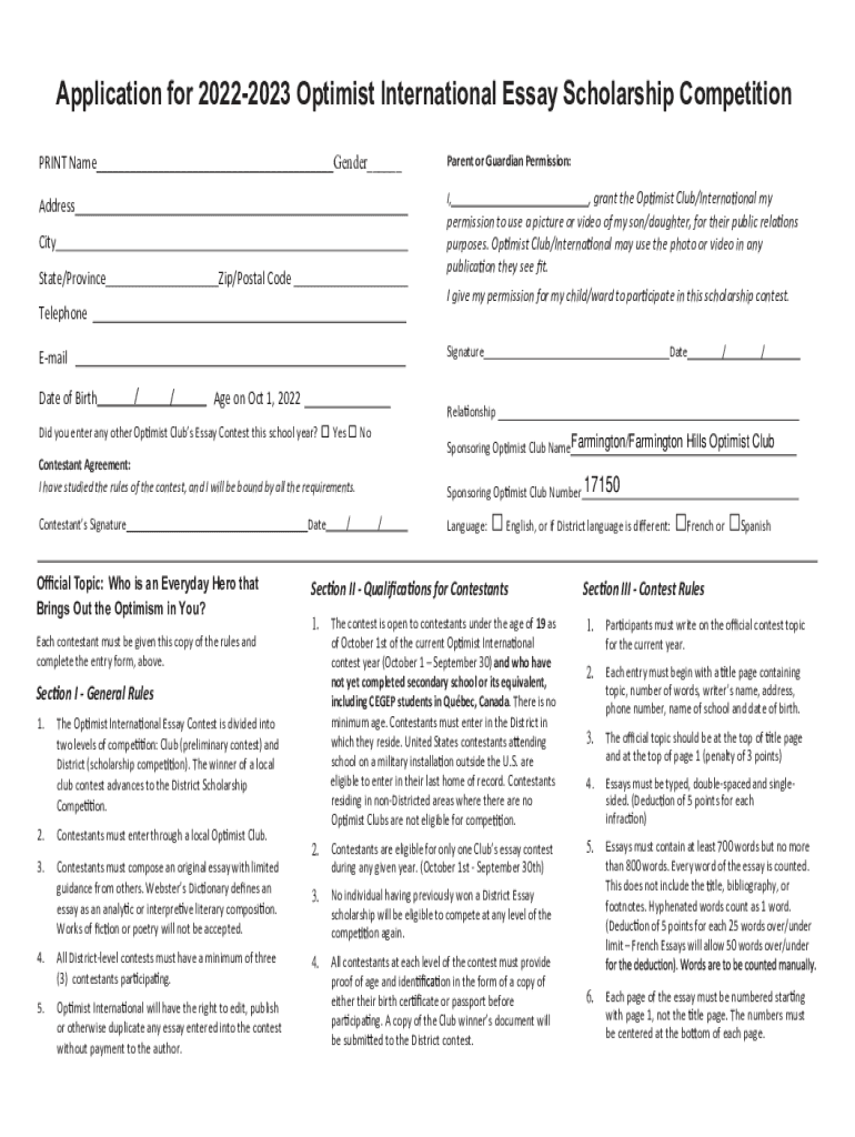 Fillable Online Junior Optimist Club is for Forest students (grades 2 ...