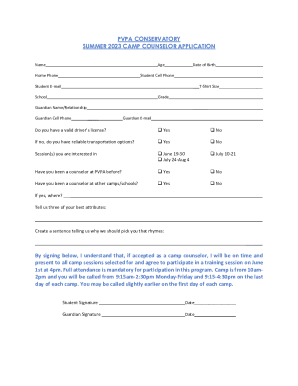 Fillable Online pvpa conservatory summer 2023 camp counselor application Fax Email Print - pdfFiller
