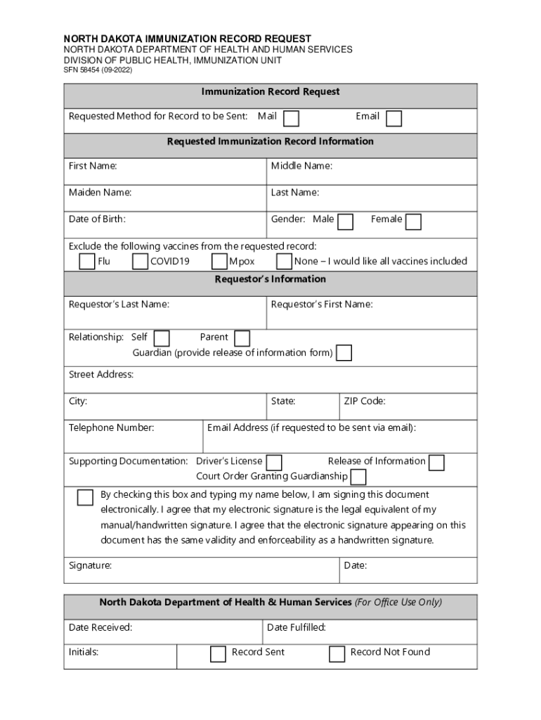 Fillable Online Request for Immunization Records North Dakota ...
