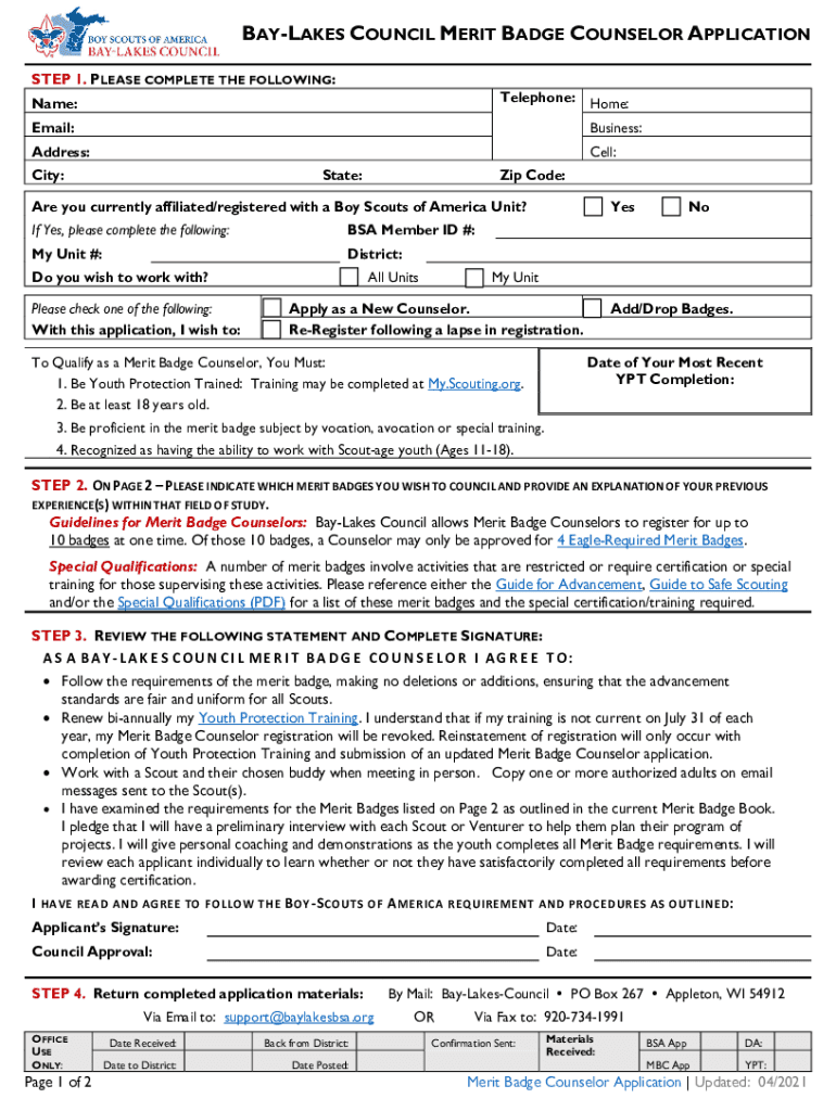 Fillable Online BAY-LAKES COUNCIL MERIT BADGE COUNSELOR APPLICATION Fax Email Print - pdfFiller