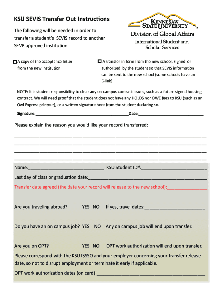 Fillable Online dga kennesaw Transfer SEVIS Record to Kent State Fax ...