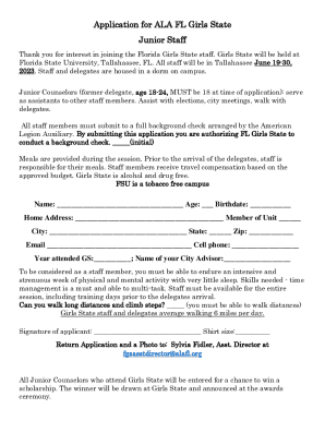 Fillable Online Application for ALA FL Girls State Junior Staff Fax ...