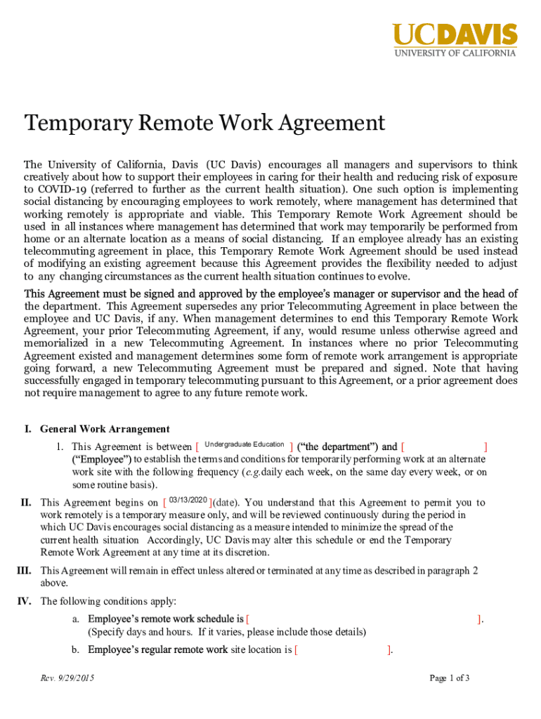 Fillable Online ue ucdavis Temporary Remote Work Agreement ...