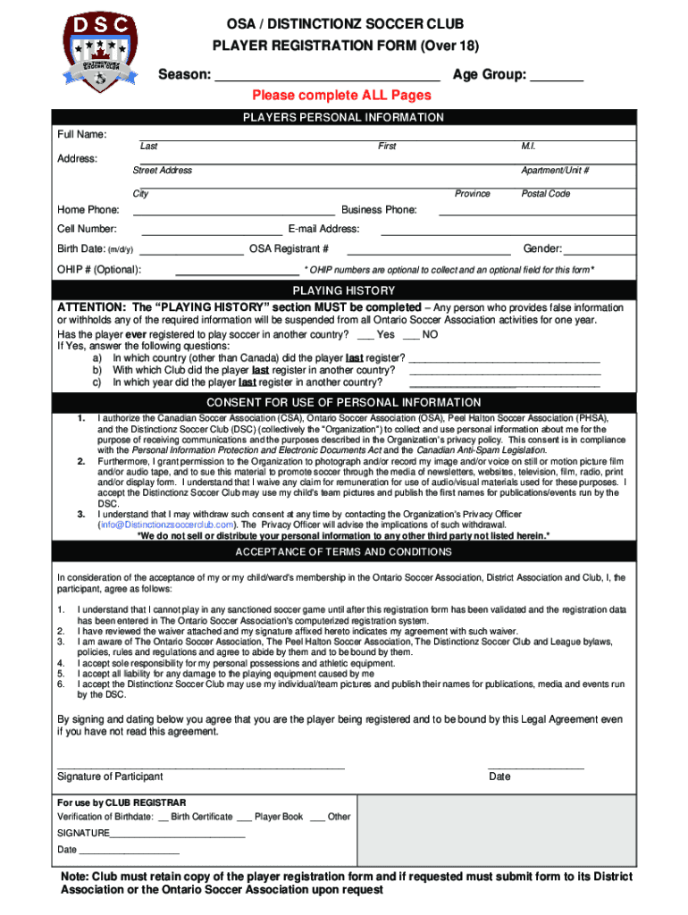 Fillable Online OSA / DISTINCTIONZ SOCCER CLUB PLAYER ... Fax Email ...