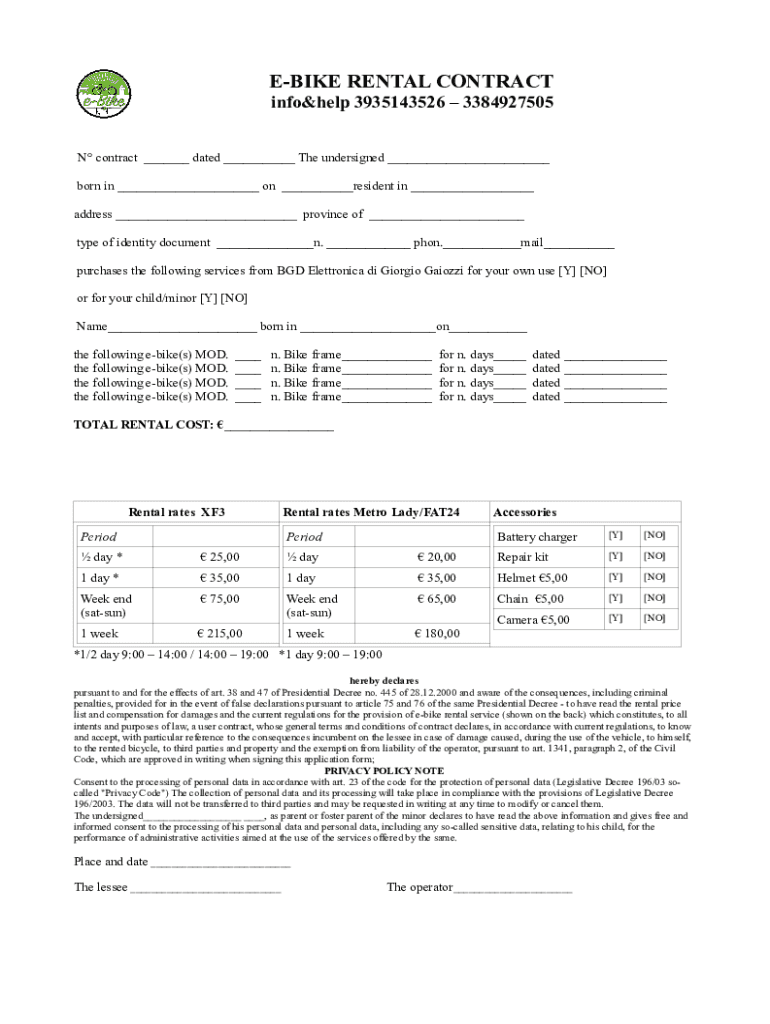 Fillable Online ELECTRIC BIKE RENTAL AGREEMENT - E-Monster Bike Fax ...