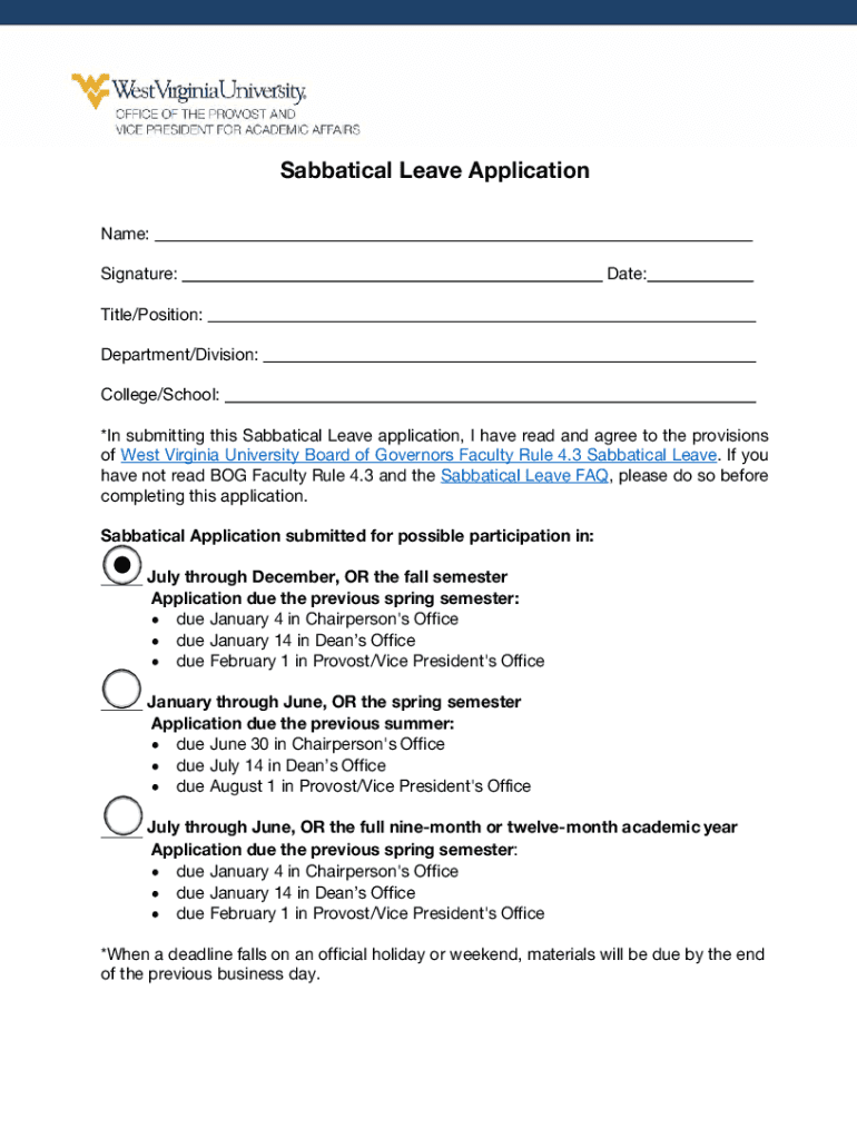 Fillable Online Sabbatical Leave Application - WVU Faculty Fax Email ...
