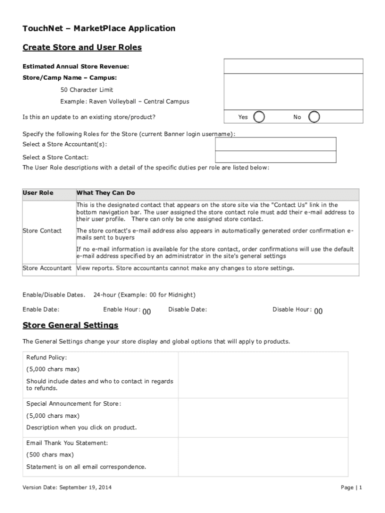 Fillable Online TouchNet MarketPlace Application Create Store and User ...