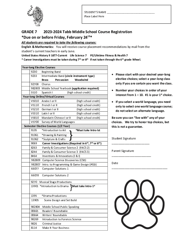 Fillable Online School Counseling / Elective Course Selection Forms Fax ...