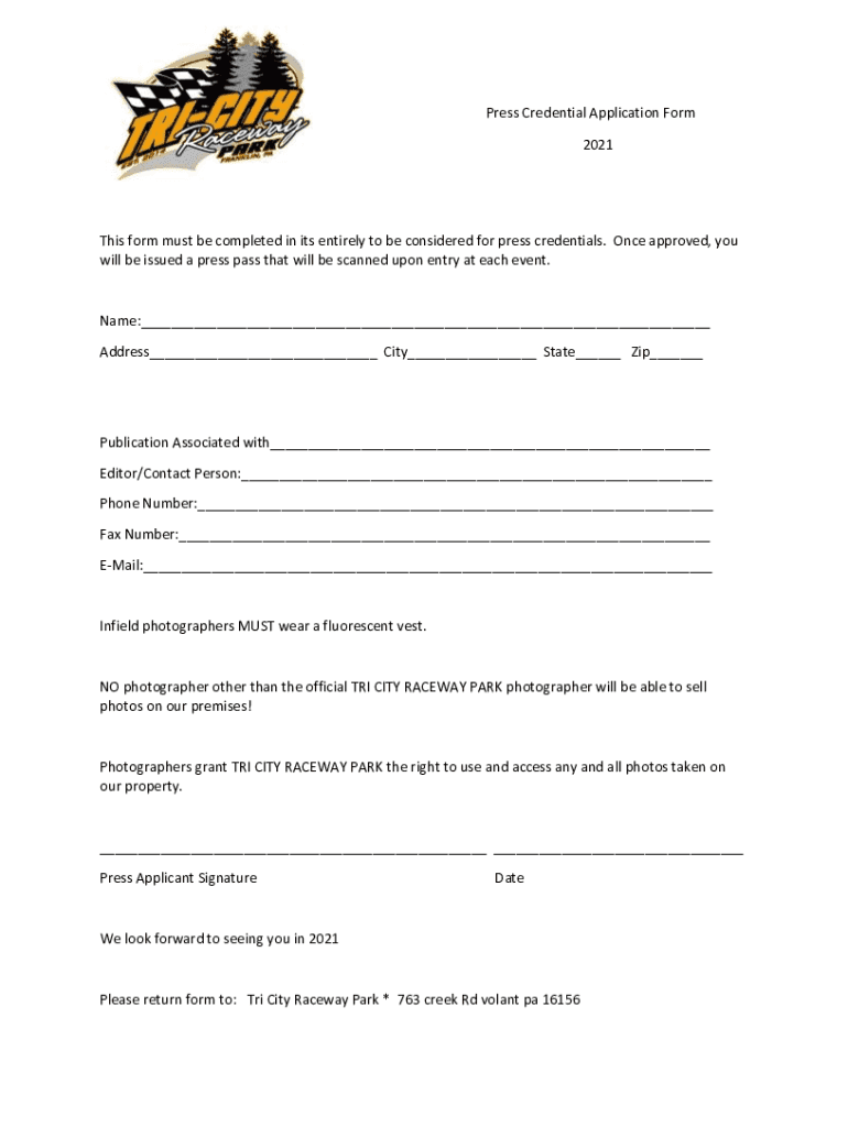 Fillable Online Press Credential Application Form 2021 Fax Email Print ...