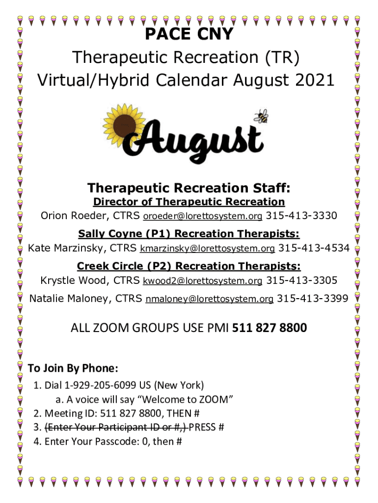 Fillable Online PACE CNY Therapeutic Recreation (TR) Virtual Calendar ...
