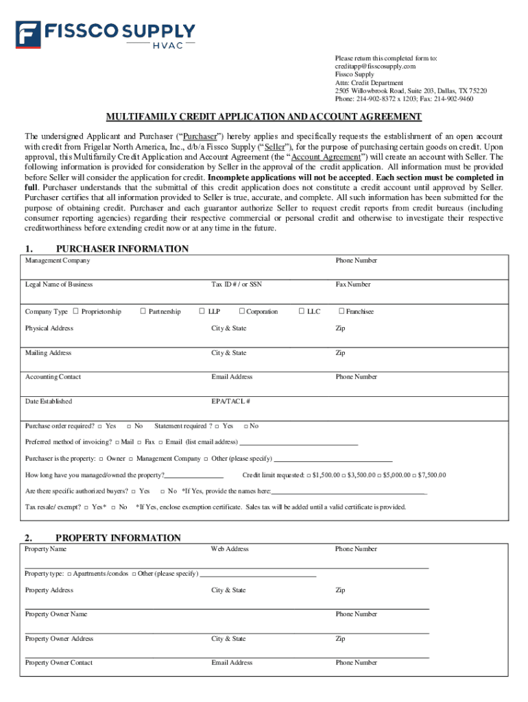 Fillable Online Multifamily Credit Application and Account Agreement ...