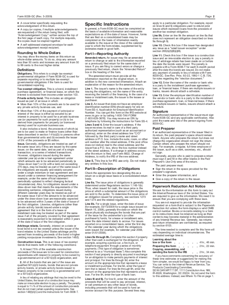 Fillable Online Form 8038-GC (Rev. May 2009). Information Return for ...