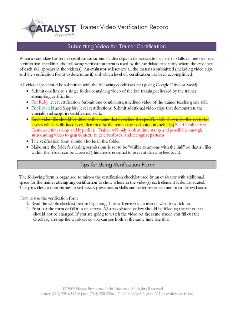 Fillable Online Trainer Certification Video Verification Form V3 (with ...