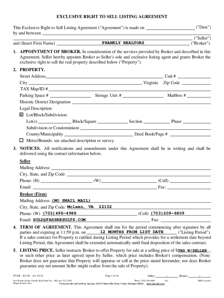 Fillable Online Exclusive Right to Sell Listing Agreement Fax Email ...