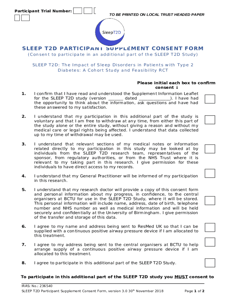 sleep t2d participant supplement consent Doc Template | pdfFiller