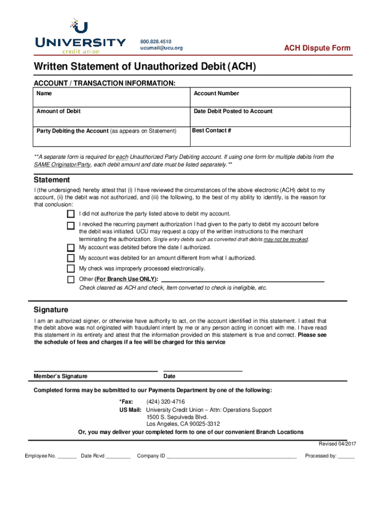 Fillable Online Written Statement Of Unauthorized ACH Fax Email Print